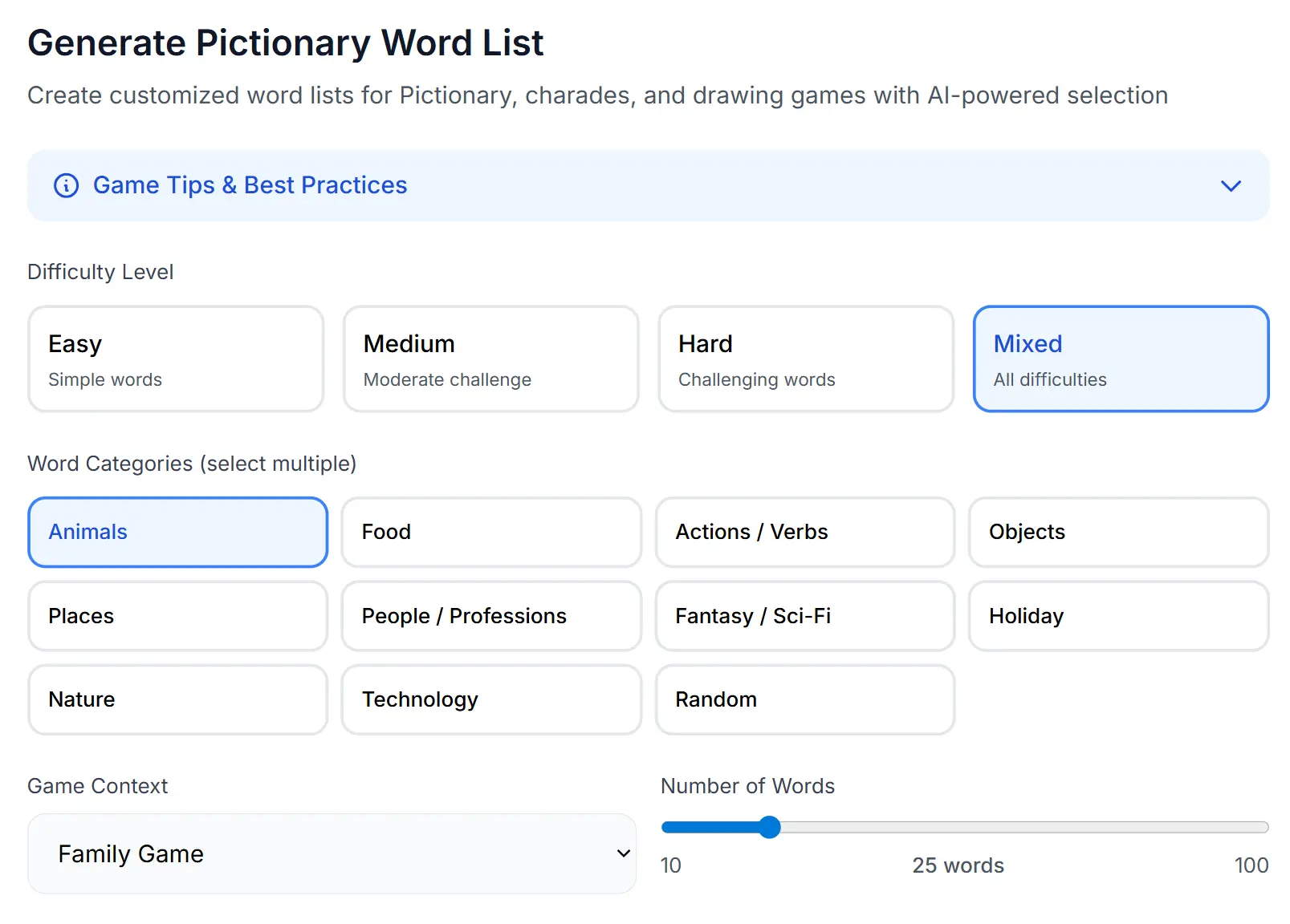 Pictionary Word Generator - Free Custom Word Lists for Drawing Games